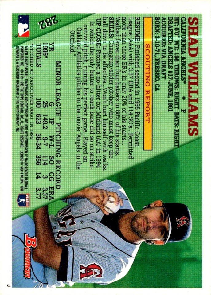 1996 Bowman Shad Williams #282 California Angels Baseball Card | eBay