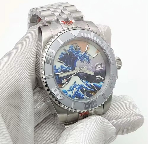 Silver Dive Watch NH35 Automatic Men Japan Wave Kanagawa Lume Glow Dial ...