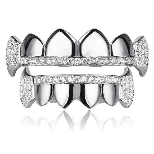 Hip Hop Grills Fangs Top Bottom Set CZ 18K Gold Silver Plated Teeth ...