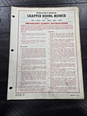 Snapper Riding Mower Comet Series 2652 2681 3081 Operator Parts Manual ...