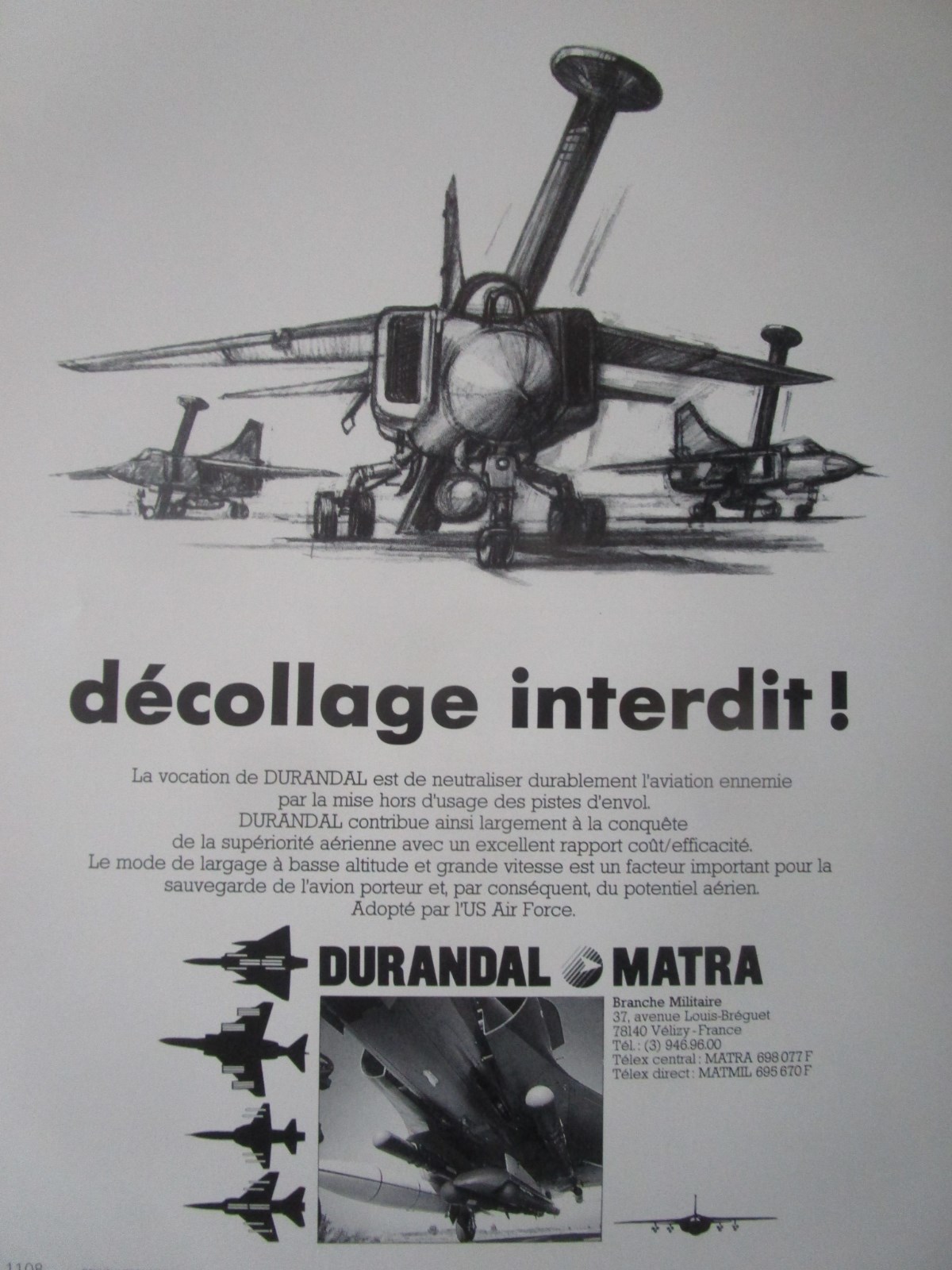 7/1985 PUB MATRA DEFENSE DURANDAL BOMBE ANTI PISTE ARMEE AIR USAF ...