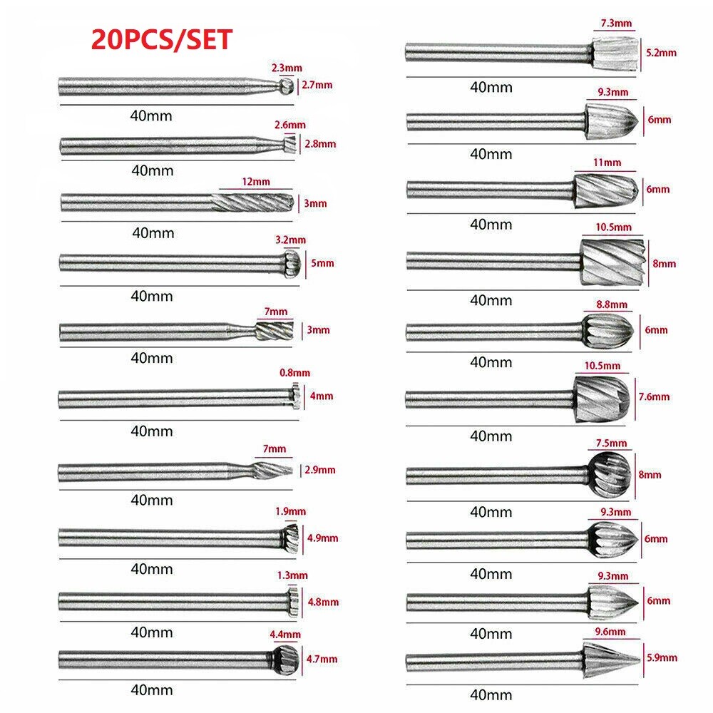 20Pcs/Set Wood Milling Cutter HSS Carving Rasps Rotary File Burrs Bit ...