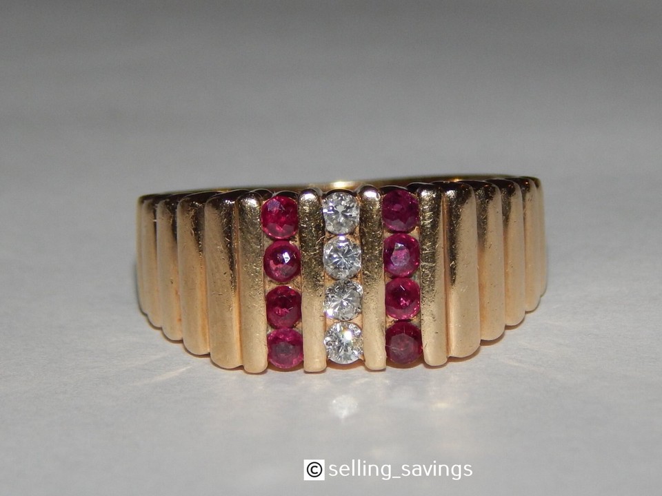 14K YELLOW GOLD MENS RUBY & DIAMOND CARVED BAND RING SIZE 8.5 - 7.9 ...