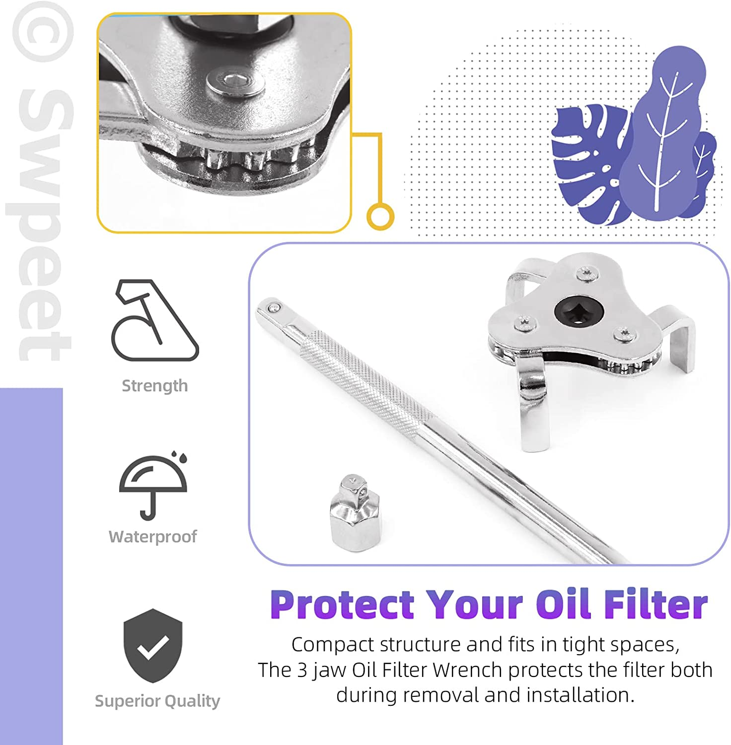 Swpeet 3Pcs Universal 3 Jaw Oil Filter Wrench Tool and 3/8 Inch Square ...