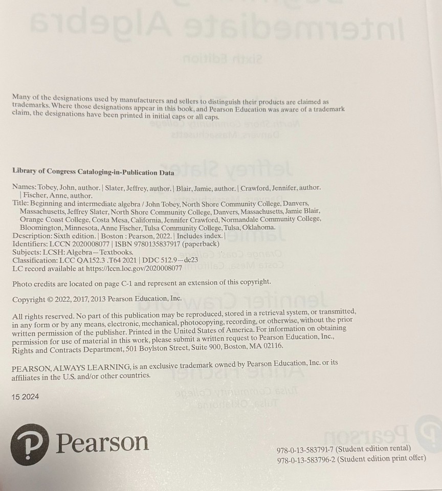 Beginning & Intermediate Algebra 6th Edition 2022 Hardcover (Pearson ...