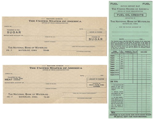 WWII Ration Checks-r Sugar & Meat + Fuel Oil Deposit Slip -Nat'l Bank ...