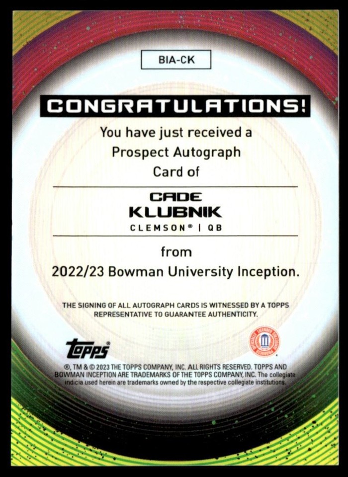 2022 Bowman U Inception Cade Klubnik Auto Clemson Tigers #BIA-CK | eBay