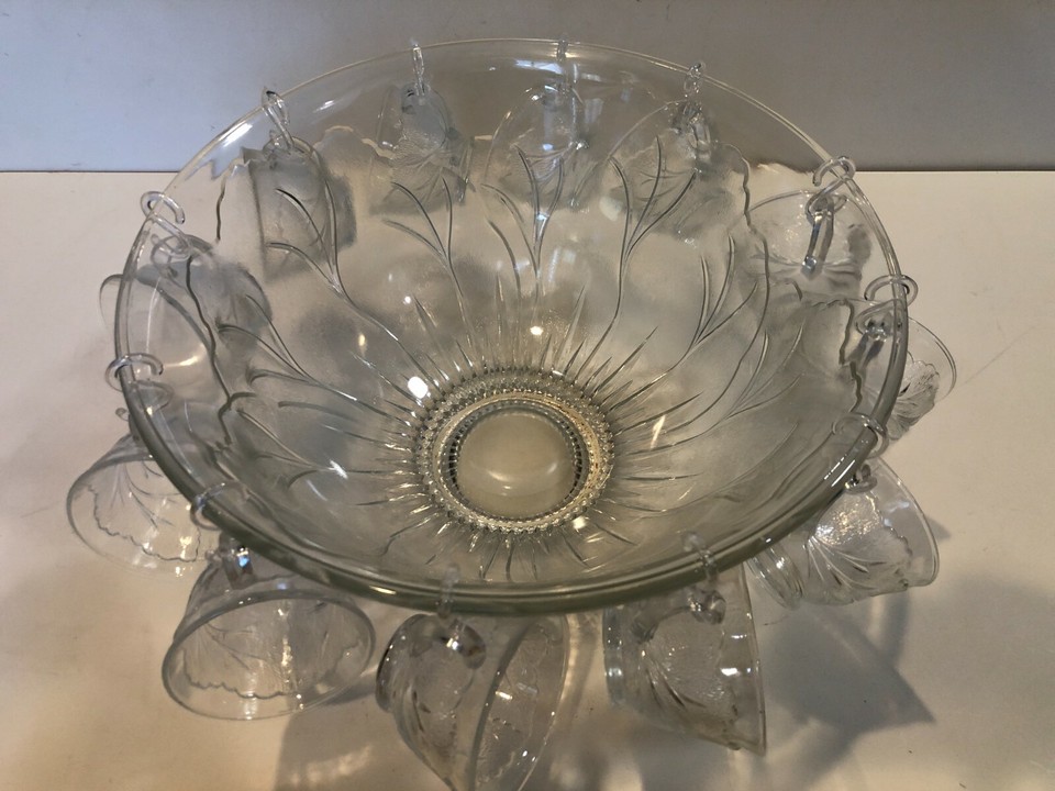 14 Pc Vintage Indiana Glass Pebble Leaf Punch Bowl w/12 Cups & Ladle | eBay
