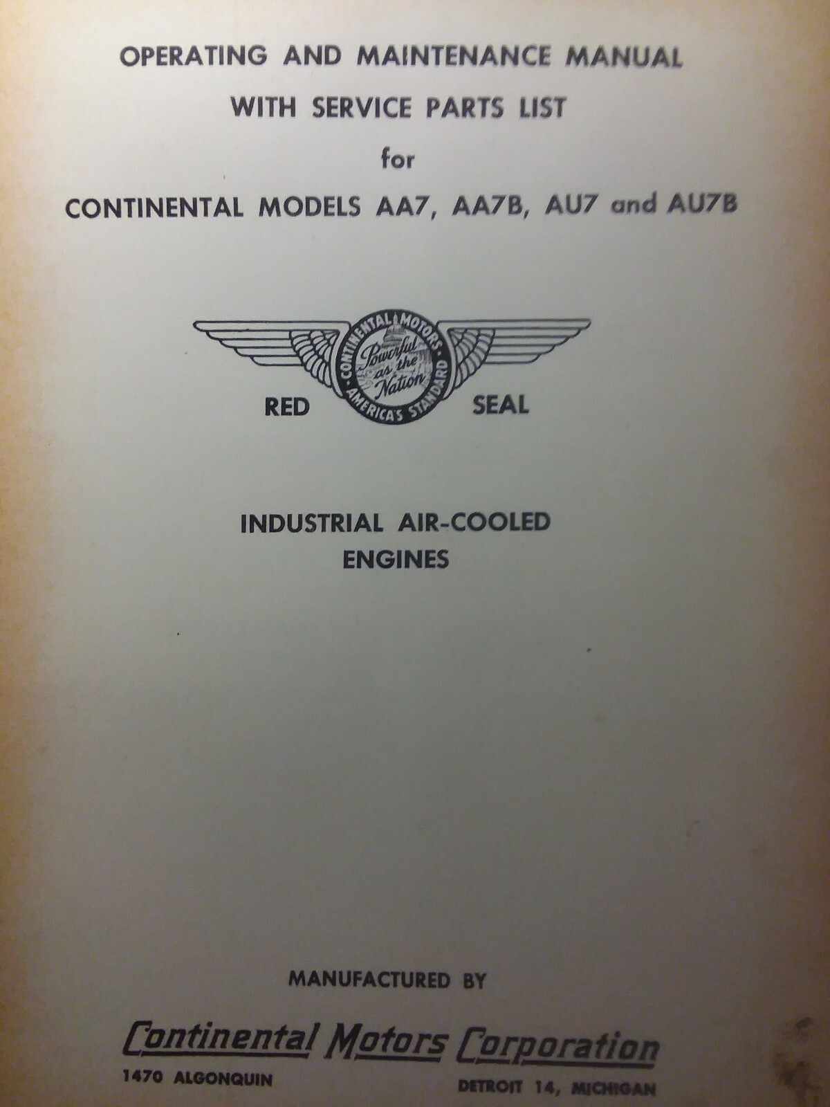 Continental AU7 AA7 Gas Engine Owner, Parts & Service Manual Roxy Lawn ...