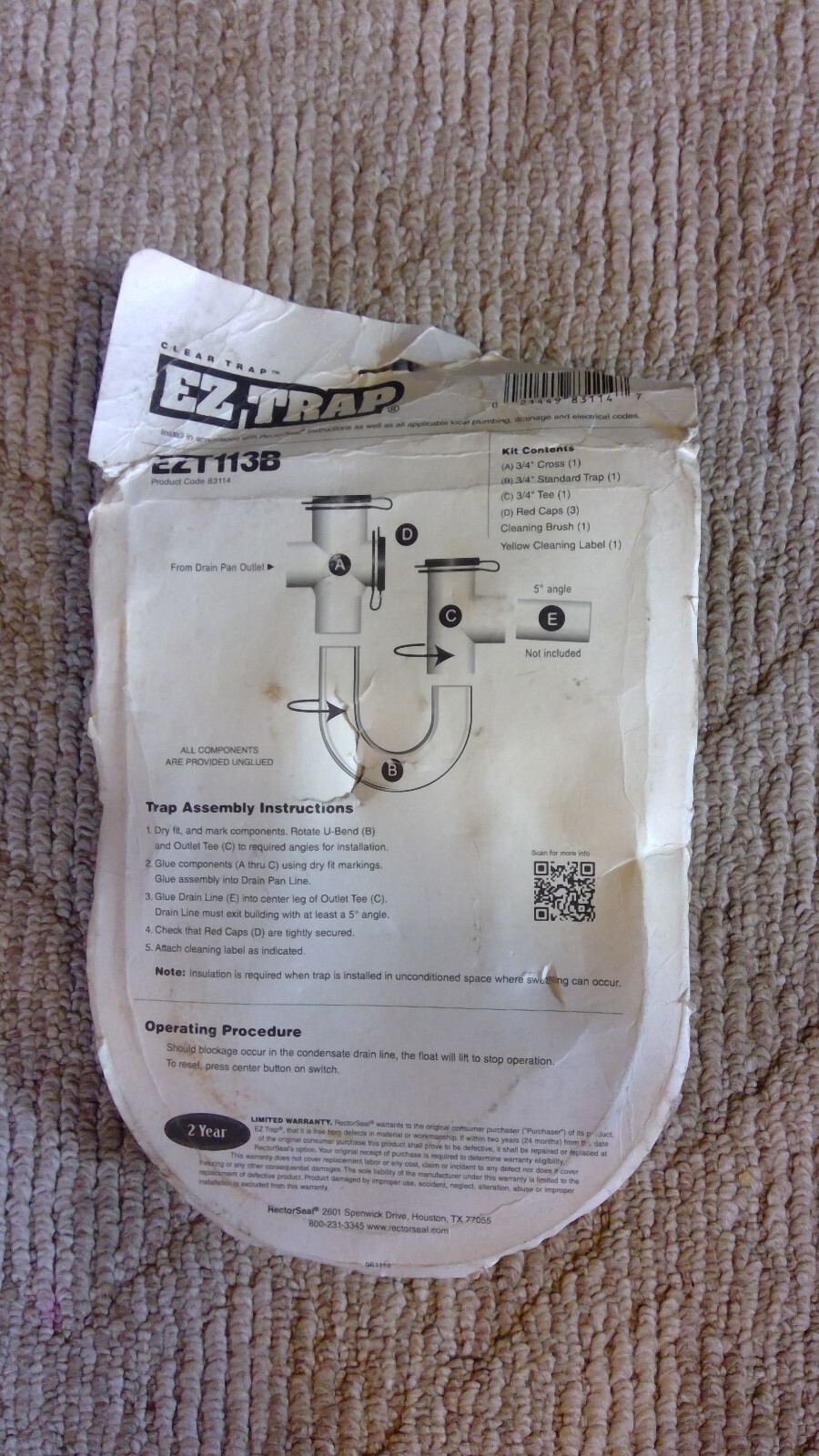 Rectorseal EZT113B EZ Trap 3/4" Condensate Trap with Brush Sealed New ...