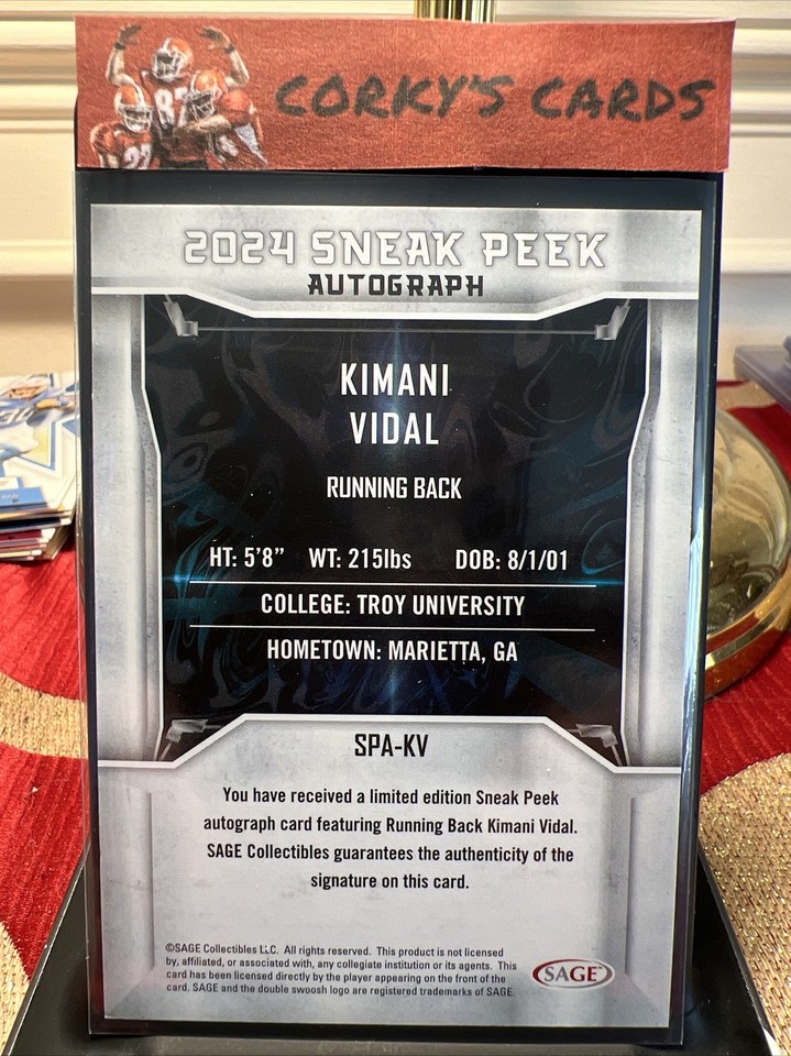KIMANI VIDAL AUTO Sneak Peak 2024 Sage Football RC SPA-KV Trojans /100 ...