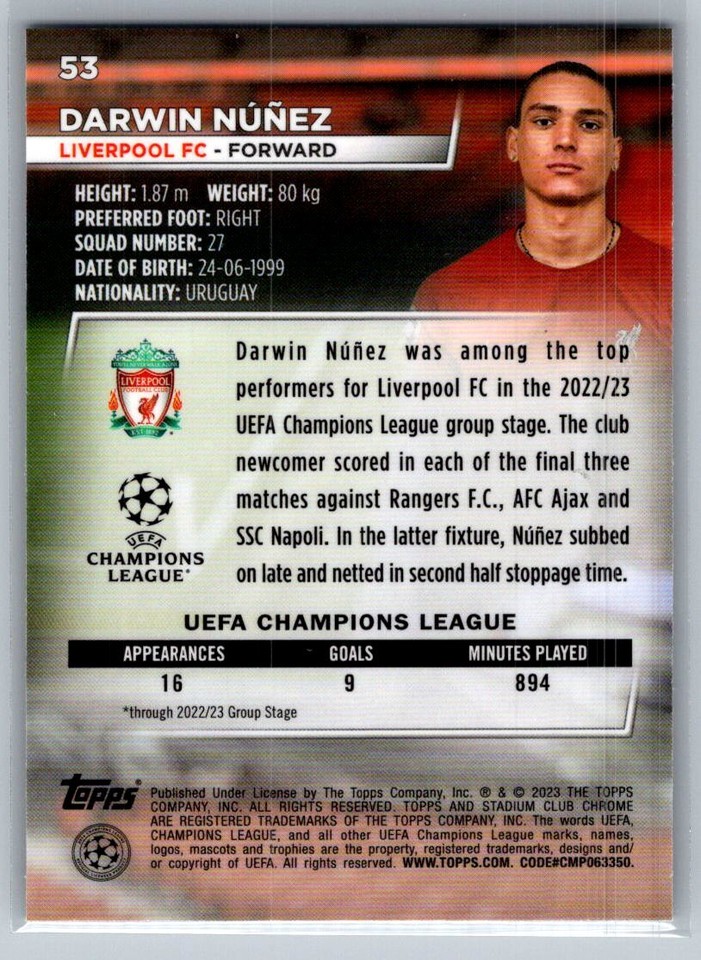 2023 Topps UEFA Stadium Club Chrome #53 Darwin Nunez Liverpool FC Card ...