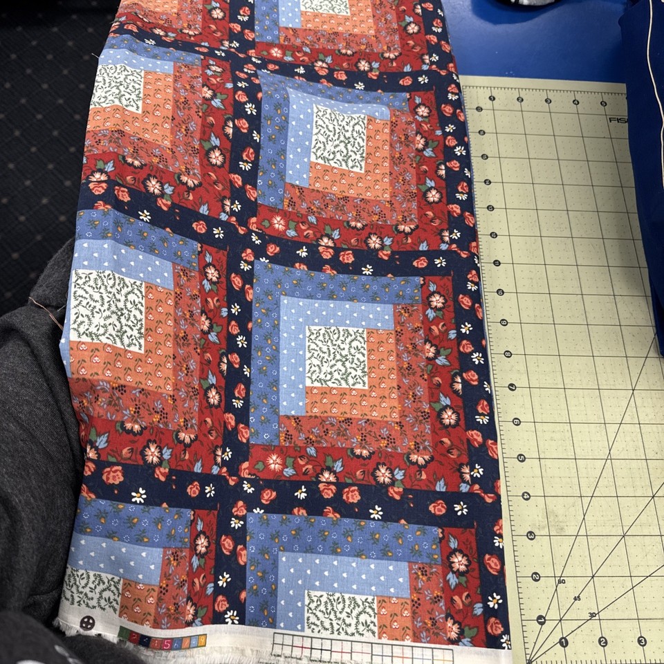 VTG `80s Log Cabin CHEATER QUILT Blocks in Shades of Blue & Red 2 Yards ...