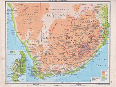 1941 MAP ~ SOUTH AFRICA INSET CAPETOWN CAPE PROVINCE ORANGE FREE STATE ...
