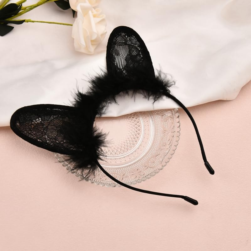 Cat Ears Headband for Girls Halloween Black Lace Bunny Ears Hairbands ...