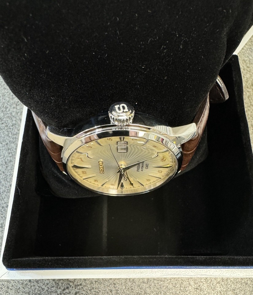 Seiko Presage GMT Cream Dial Cocktail Time Brown Leather Band Men’s ...