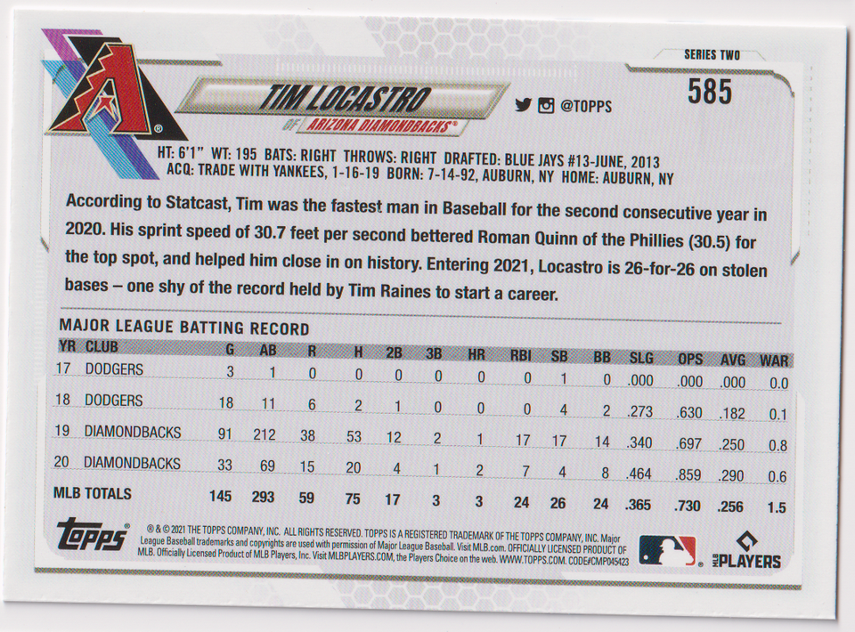 2021 Topps #585 Tim Locastro Arizona Diamondbacks | eBay