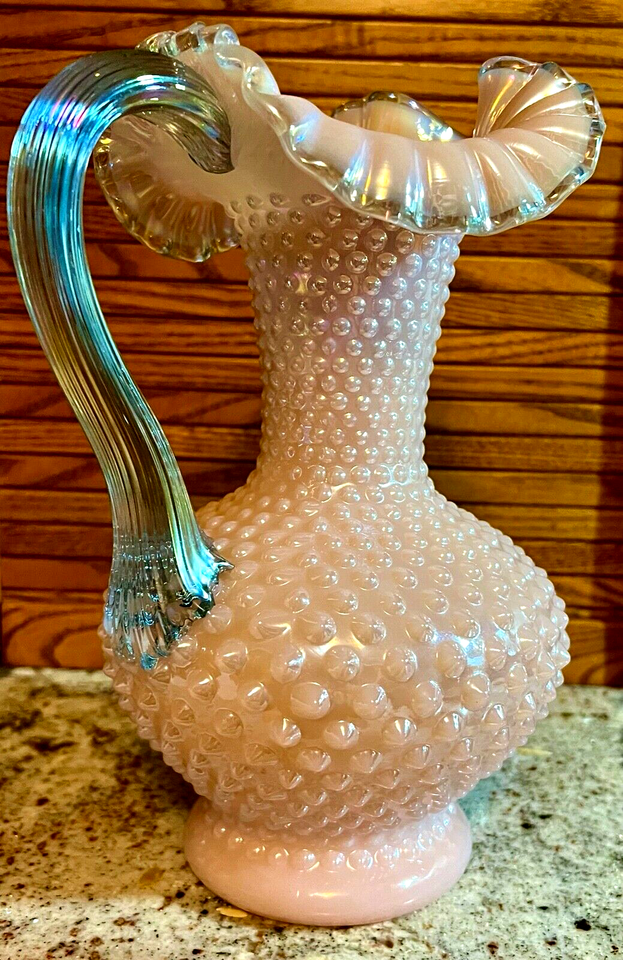 Fenton*HOBNAIL SHELL PINK OPALESCENT W/SALEM BLUE HANDLE/CREST PITCHER ...