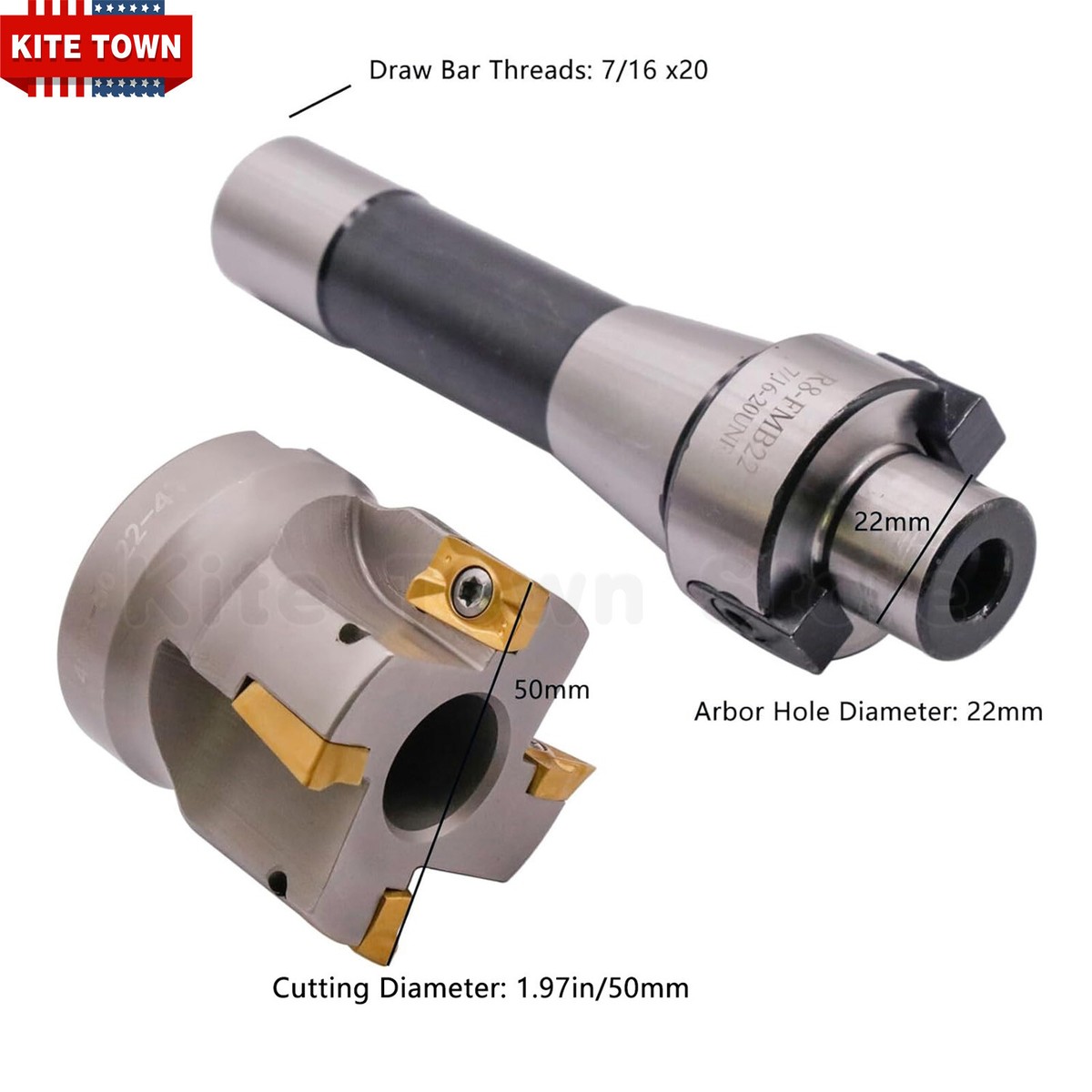 R8 Face Mill R8 Shank FMB22 Face Mill Arbor With 50mm Cutter, 10 ...