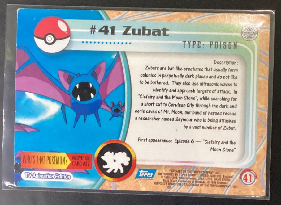 1999 Topps Pokémon Tv Animation #41 Zumbat Blue Logo Foil Set Break ...