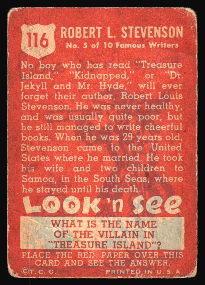 1952 Topps Look 'N See Vintage card #116 Robert Louis Stevenson *Low ...