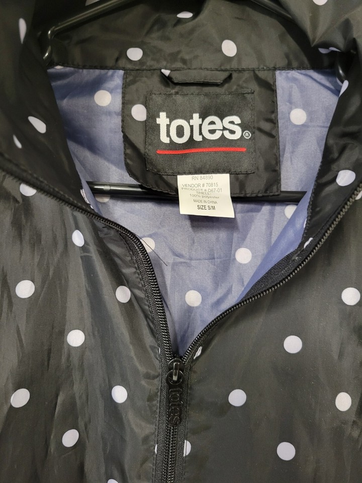 Totes Rain Coat Jacket Black S/M Hood Pockets Black White Dot | eBay