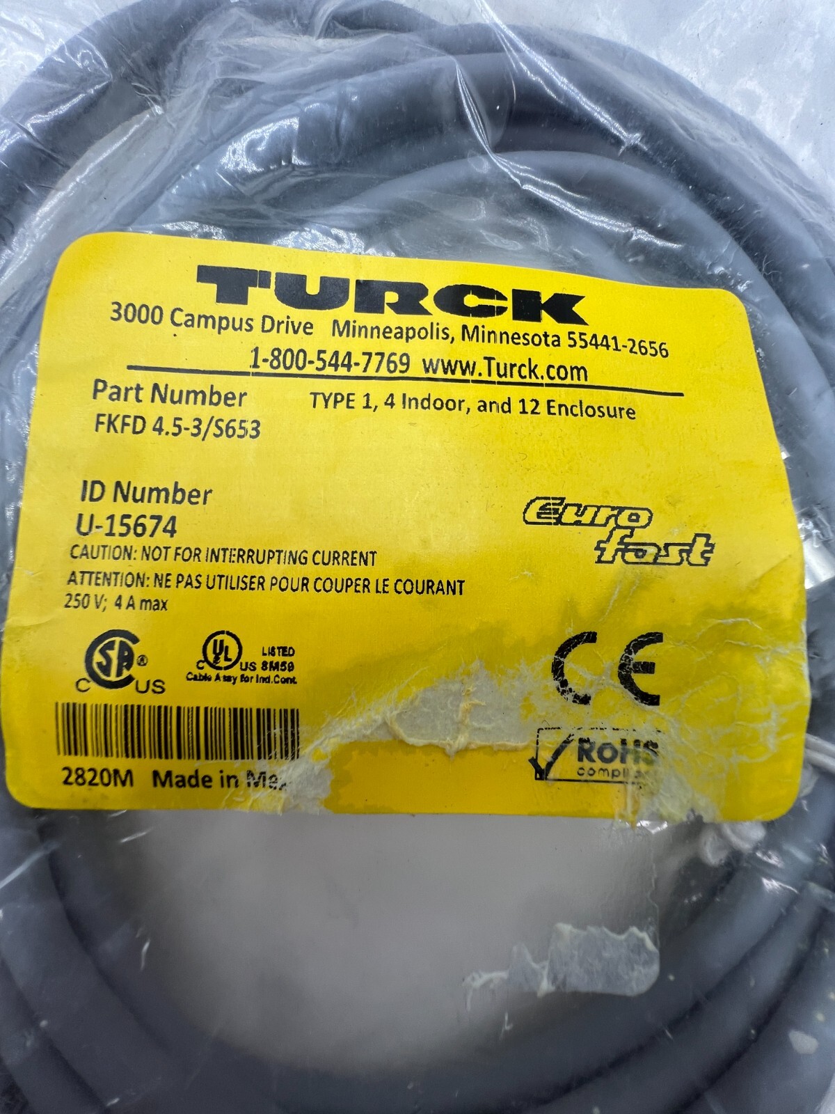 Turck Cordset FKFD 4.5-3/S653 M Series Connector, U-15674 | eBay