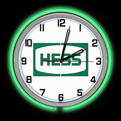 Hess Oil Gas Station Sign 19" Green Double Neon Clock Man Cave | eBay