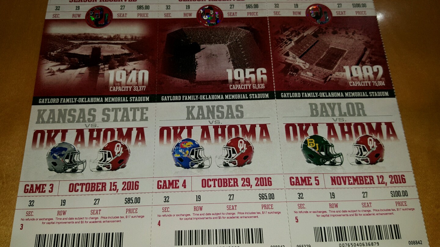 2016 OU Oklahoma Sooners vs Kansas St, Kansas & Baylor Ticket Stubs | eBay