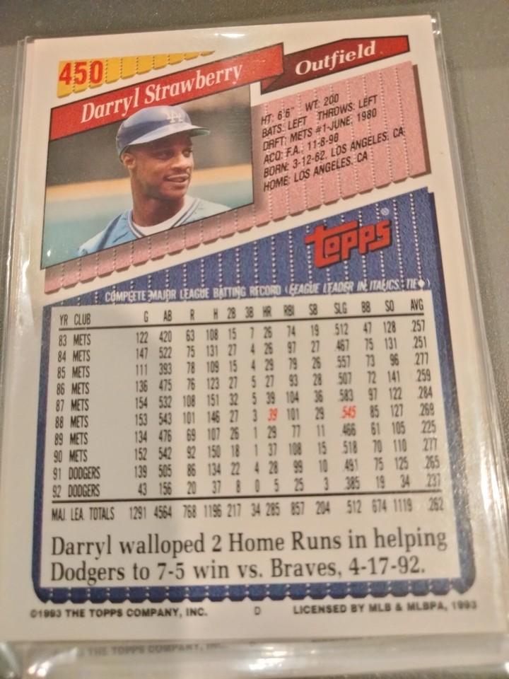 1993 Topps #450 Darryl Strawberry Los Angeles Dodgers Baseball Card | eBay