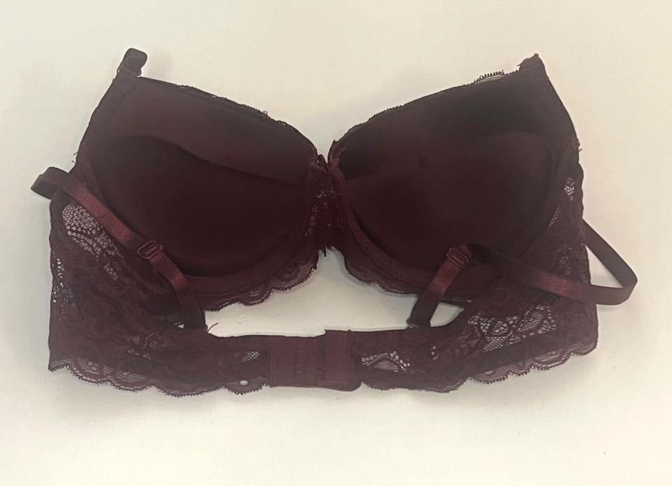 Burgundy Red Lace Rose Push Up Bra 36B Padded Rene Rofe Lingerie Wired ...