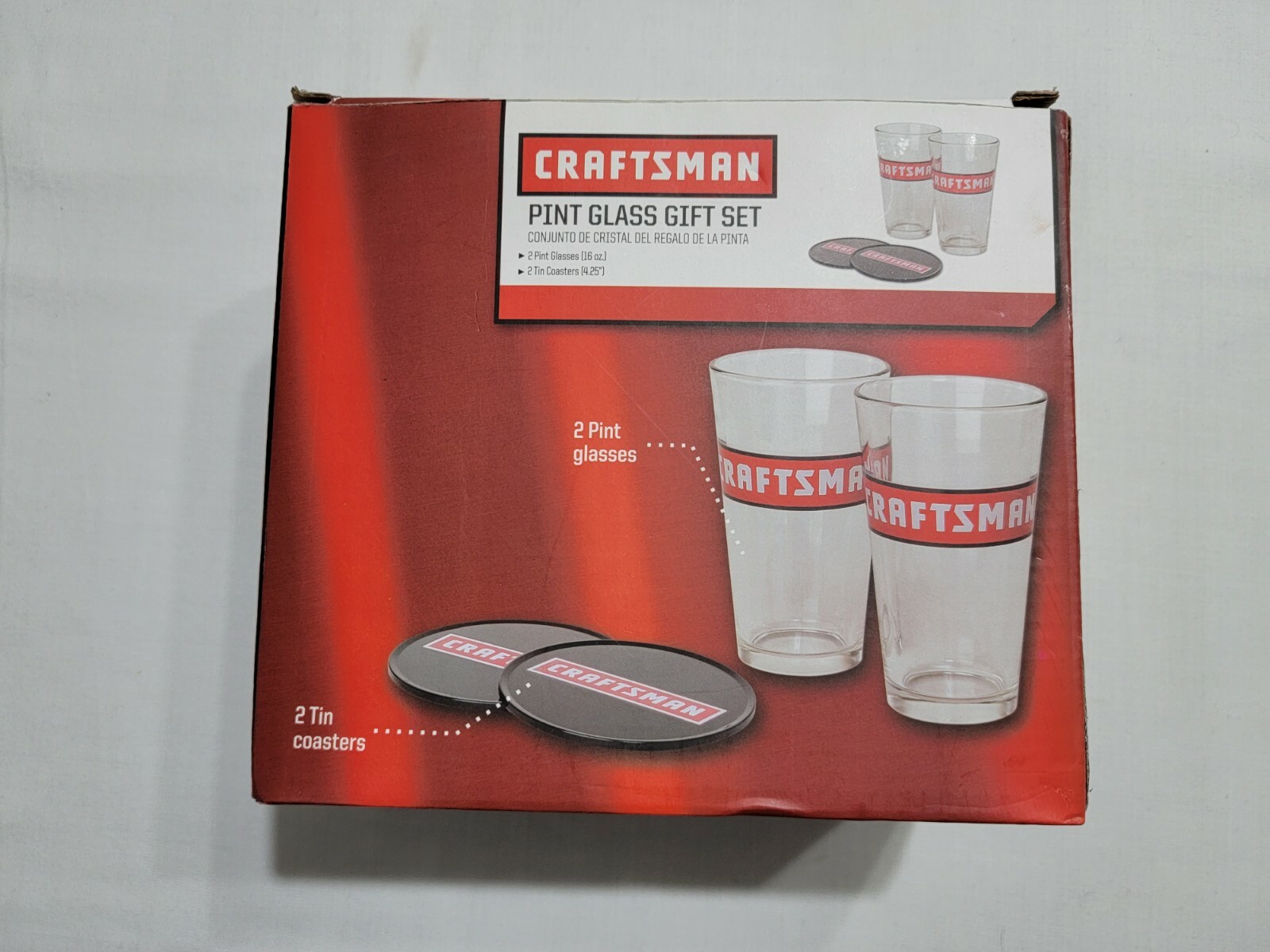 NEW SEARS CRAFTSMAN PINT GLASS GIFT SET 2 GLASS 16 OZ TUMBLERS W/ TIN ...