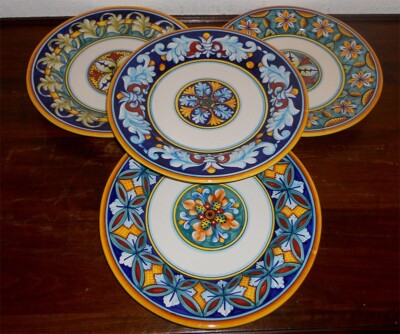 DERUTA ITALIAN POTTERY NEW SET OF 4 BIG GEO PATTERN DINNER PLATES, HAND ...