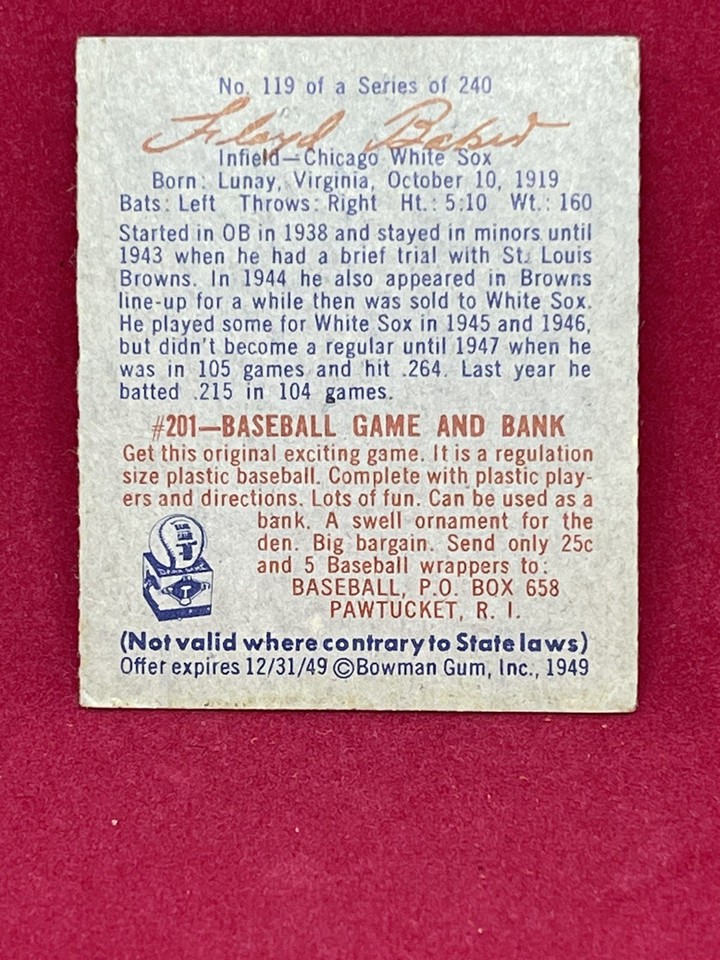 1949 Bowman #119 Floyd Baker White Sox VG/EX | eBay