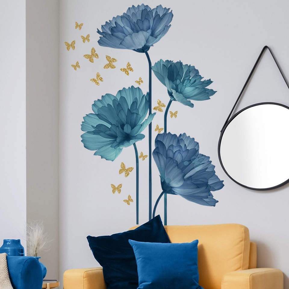 Large Blue Flowers Wall Stickers Gold Butterfly Decals Art Mural Home ...