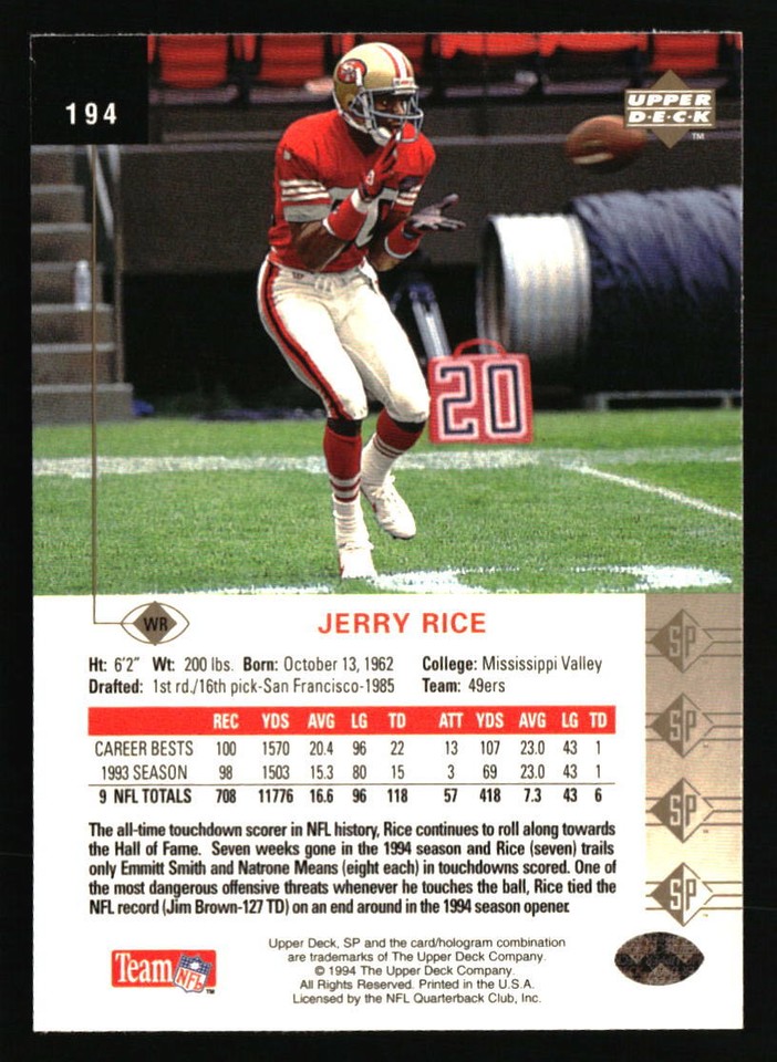 Jerry Rice 1994 SP #194 FOOTBALL Card | eBay