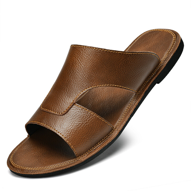 Mens Leather Open Toe Flats Slip on Slides Summer Beach Casual Slippers ...
