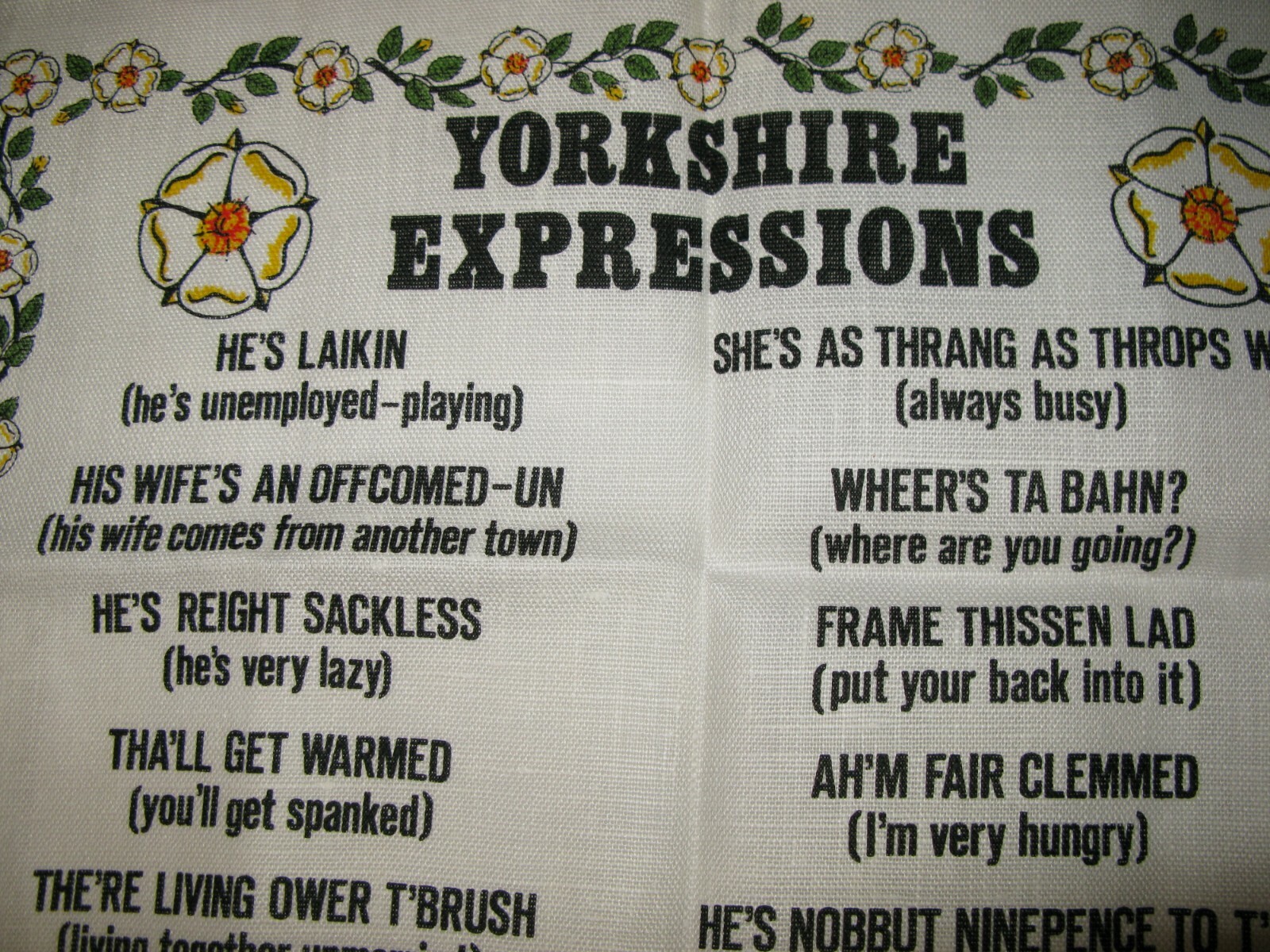 Souvenir Tea Towel Yorkshire Expressions 1985 Irish Linen UK 19" x 29 1 ...