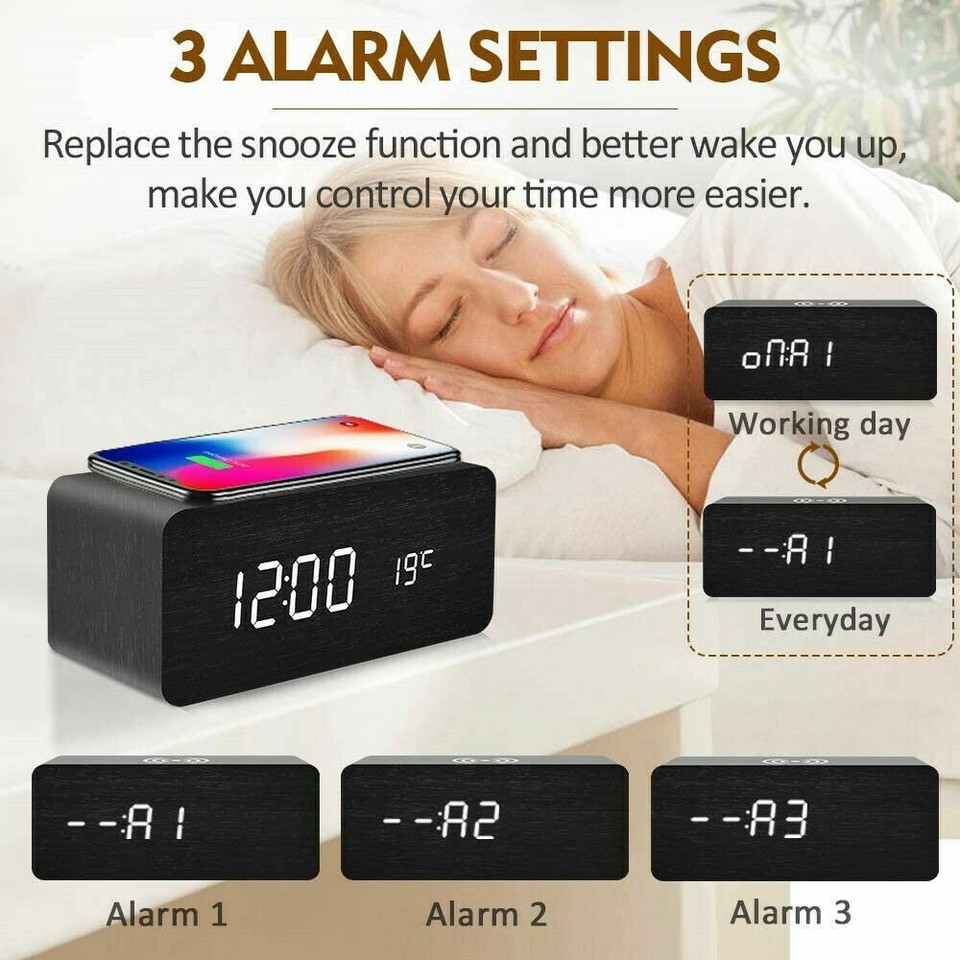 Modern Wooden Wood Digital LED Desk Alarm Clock Thermometer Qi Wireless ...
