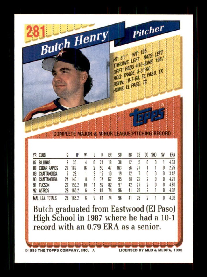 1993 Baseball Topps Butch Henry Houston Astros #281 | eBay