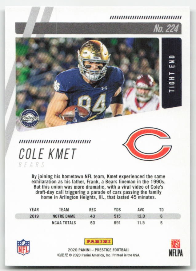 2020 Panini Prestige #224 Cole Kmet | eBay