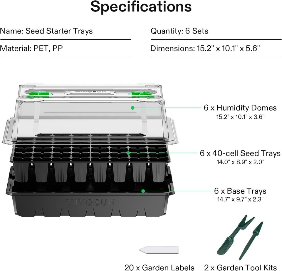 VIVOSUN 6-Pack Seed Starter Trays 240-Cell w/ 3.6" Higher Cover ...