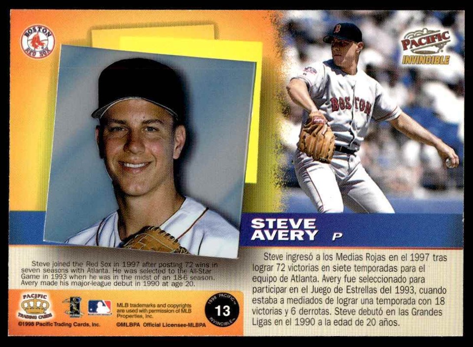 1998 Pacific Invincible Steve Avery Boston Red Sox #13 | eBay