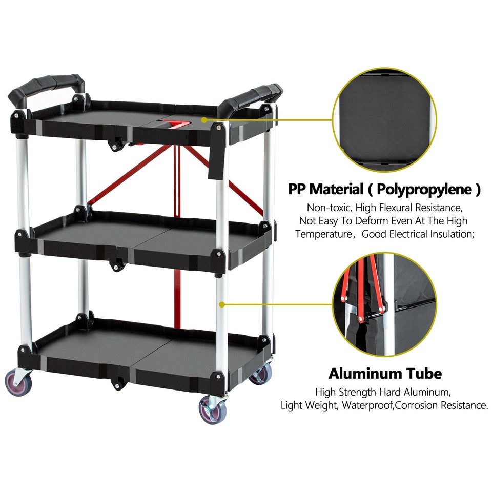 TECSPACE 3-Tier Black Portable Fold Up Rolling Cart for Home ...