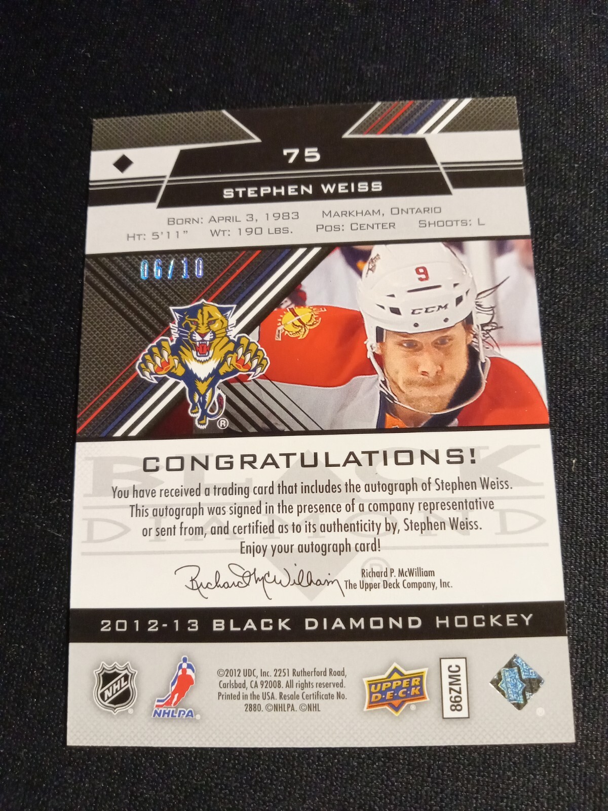 2012-13 Upper Deck Black Diamond - Single Diamond Stephen Weiss #75 ...