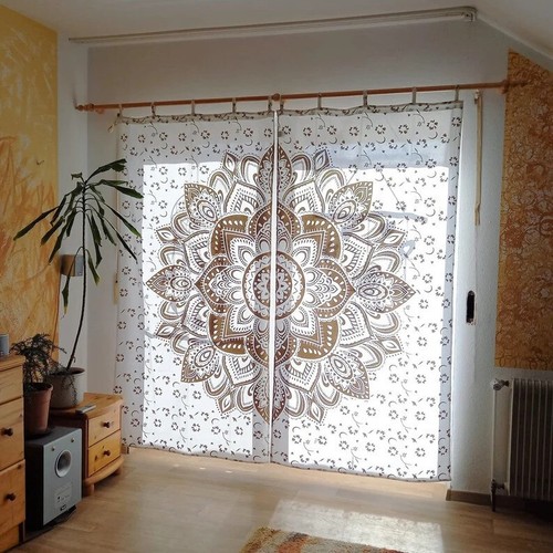 White and Gold Mandala Cotton Window Door Curtain Tapestry Tab Top Wall ...