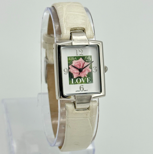Women's USPS LOVE Pink Rose 25 Cent Stamp Watch, White Leather, Silver ...
