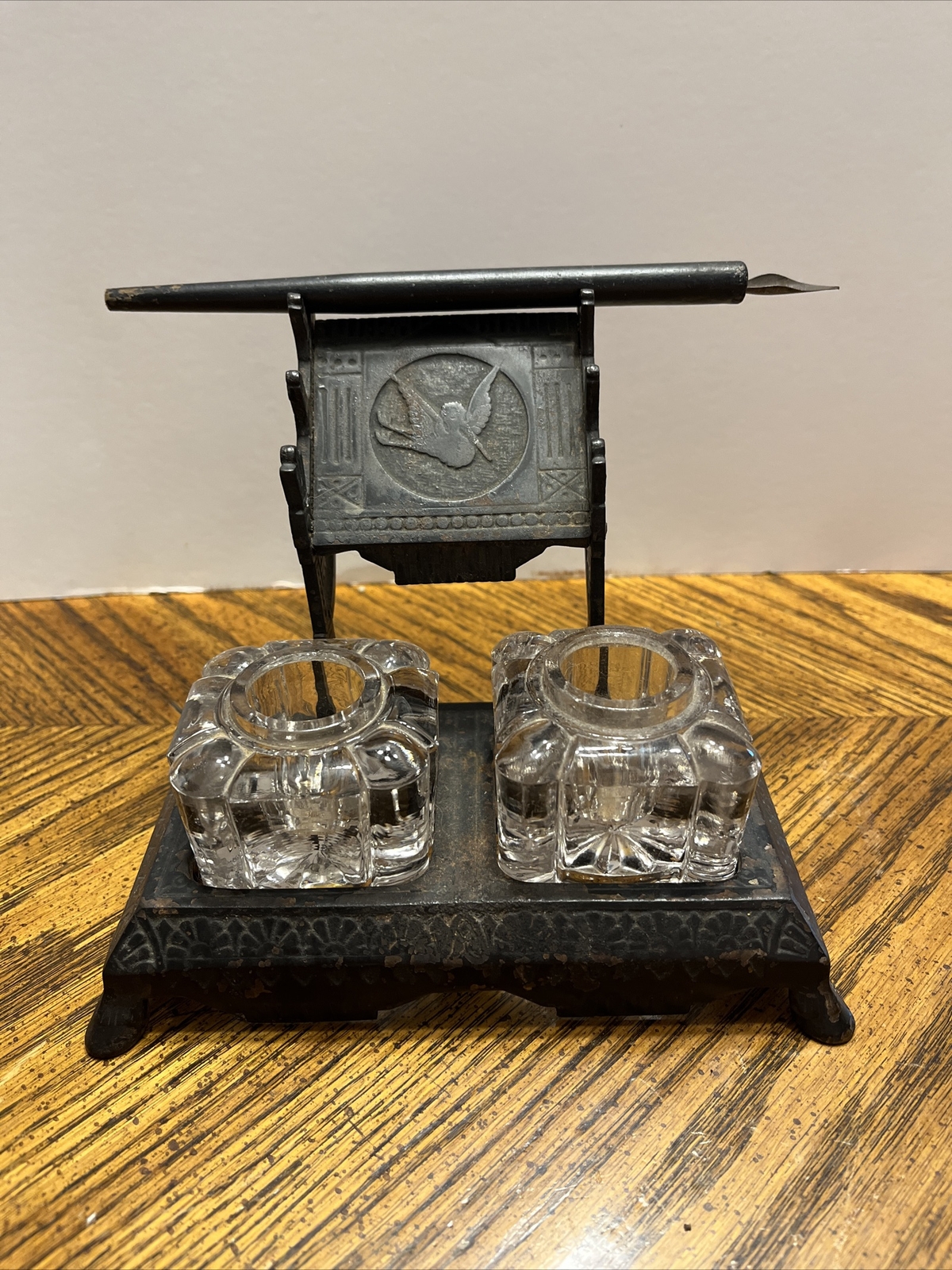 VTG Antique 1800s Victorian Eastlake Cast Iron Inkwell Ink Stand W/Bird ...