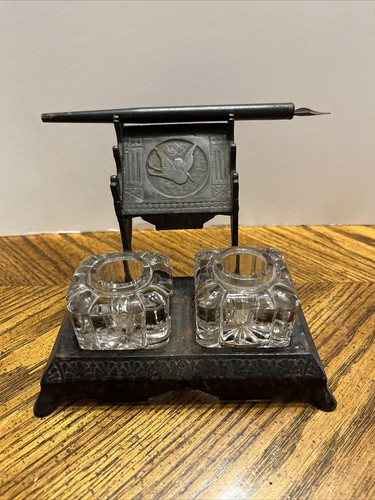 VTG Antique 1800s Victorian Eastlake Cast Iron Inkwell Ink Stand W/Bird ...