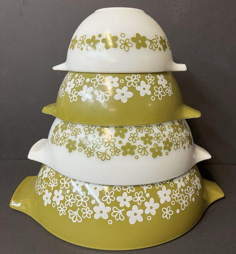 Vintage Pyrex Nesting Mixing Bowl Set Of 4 Green Crazy Daisy Spring ...